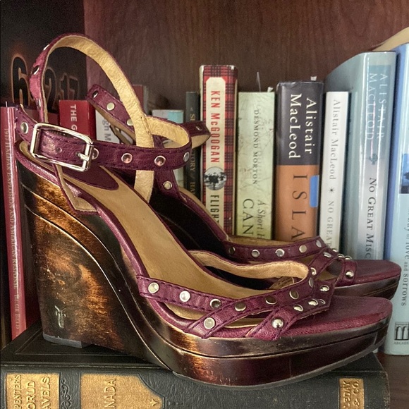 Frye | Shoes | Frye Briget Studded Purple Leather Wood Platform Wedge ...